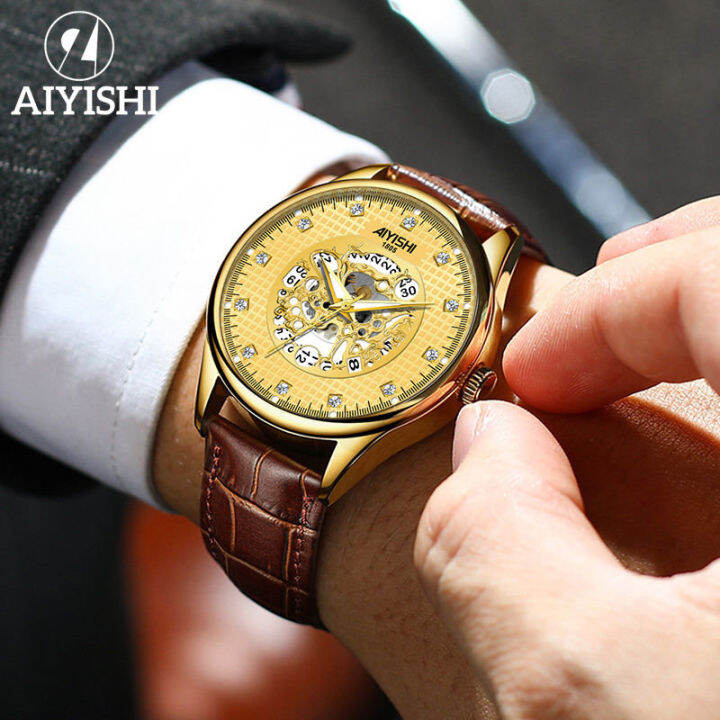 AIYISHI Watch for Men with Imported Hollowed-Out Leather Strap Water ...