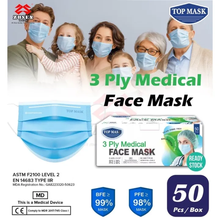 TOP MASK 3 PLY MEDICAL FACE MASK GRAPHENE FREE (50 Pcs/Box) LEVEL 2 ...