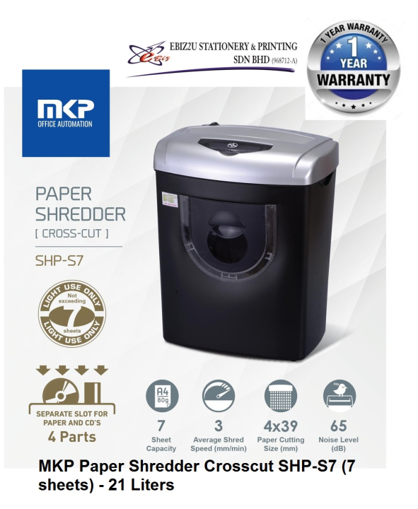 MKP Paper Shredder Crosscut SHP-S7 (7 sheets) 21 Liters Paper Shredder ...