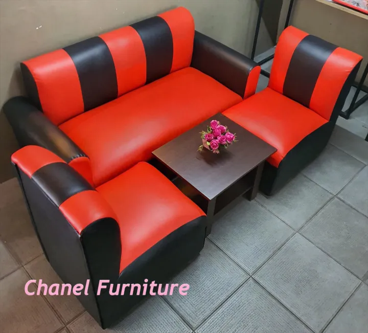 SALA SET LEATHER RED/BLACK LINES WITH CENTER TABLE | Lazada PH