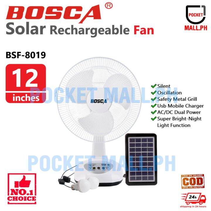 GDLITE BOSCA Solar Recahrgeable Electric Fan Stand Fan with LED light ...