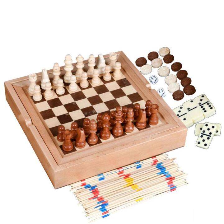 Wood Board Games Portable Chess And Checkers Board Game 5 In 1 Chess ...