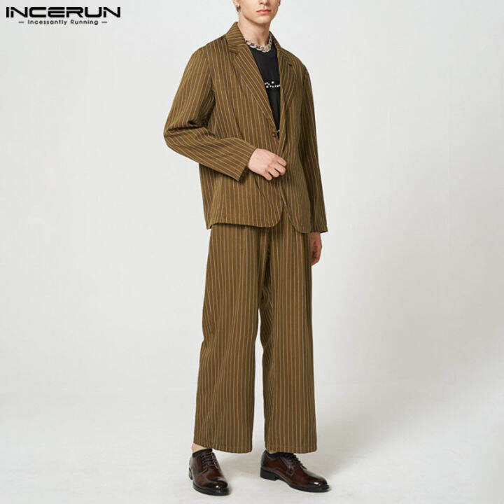 INCERUN เสื้อเบลเซอร์กระดุมแถวเดียวลายทางของผู้ชาย,ชุดสูทกางเกงขากว้าง ...