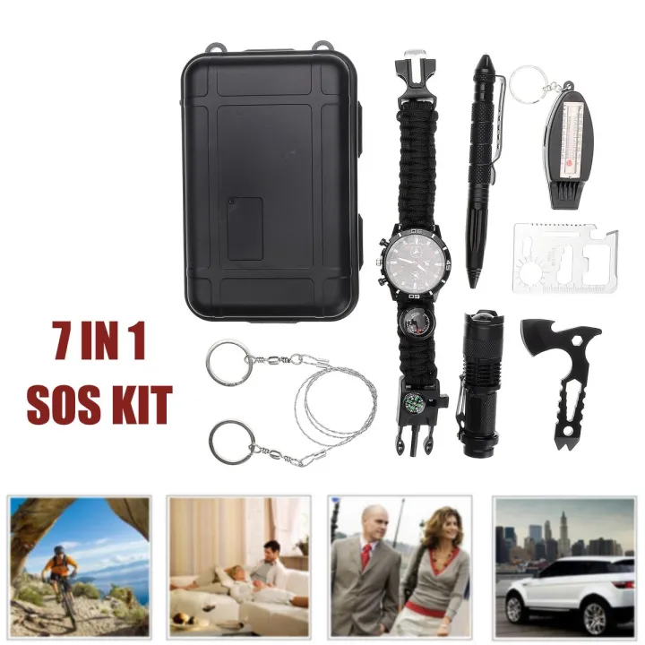7 In 1 SOS Emergency Kit Outdoors Hiking Camping Campass Watch Whistle ...