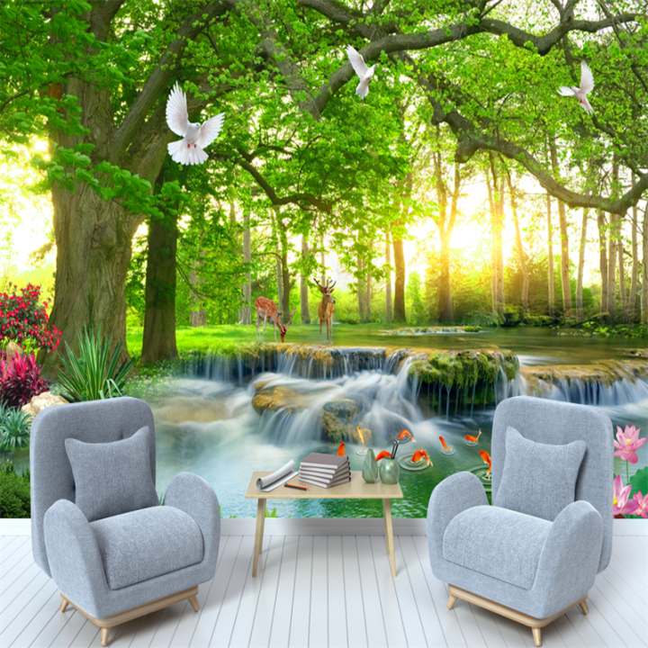 Custom green tree sunlight forest living room 3D background wall mural ...