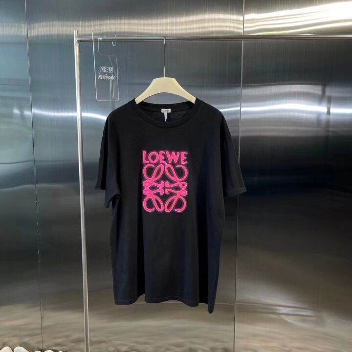 Loewe/Luo Yiwei เสื้อยืดลายปักเรืองแสงนีออนแป้งฝุ่นสีดำคู่กับแขนสั้นสี ...