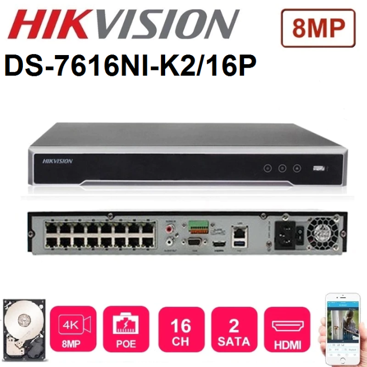 16 Channel Hikvision DS-7616NI-K2/16P 4K POE NVR With 16 x POE Ports ...