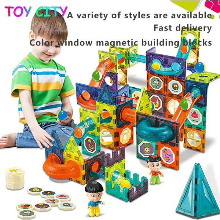 model Color window glow building Blocks tiles set marble run track kids ...