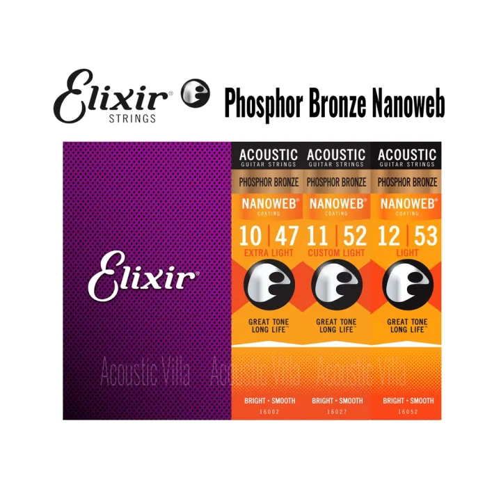 สายกีตาร์โปร่ง Elixir Phosphor Bronze Nanoweb Acoustic Guitar Strings | Lazada.co.th