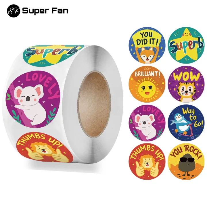 (Super Fan) 500 Pcs Cute Animals Reward Stickers Roll English Word ...