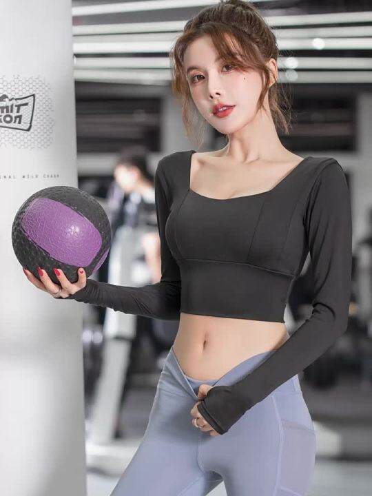 HJGH ชุดโยคะผู้หญิงแขนยาวพร้อมแผ่นรองหน้าอก T เสื้อเชิ้ตสไตล์ยุโรปและ ...