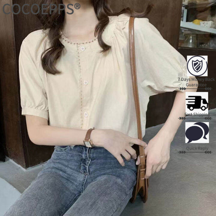 COCOEPPS เสื้อเบลาส์สำหรับผู้หญิงเสื้อลูกไม้ป้องกันริ้วรอยไม่ให้แขนสั้นแบบหลวม | Lazada.co.th