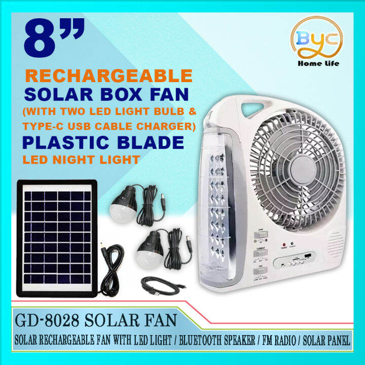 GDLITE 8" AC/DC Solar Rechargeable Fan DESK Fan with LED Light / Bluetooth Speaker / FM Radio ...