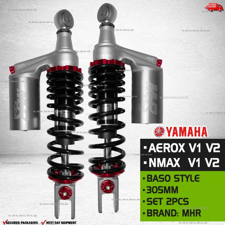 Yamaha NMAX AEROX V1 V2 Rear shock absorbers BLACK SILVER 2pcs with Baso style305mm ORIG MHR ...