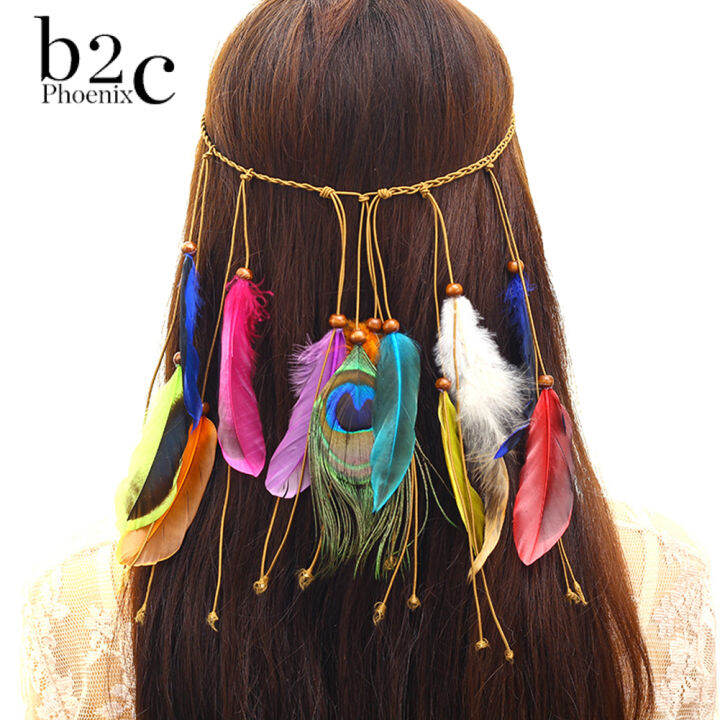 Phoenix B2C Bohemian Women Peacock Feather Headband Braided Rope Hair ...