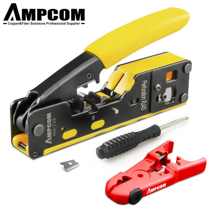 AMPCOM RJ45 RJ11 Pass Through Crimping Tool For CAT7/6A CAT6/5 Ethernet ...
