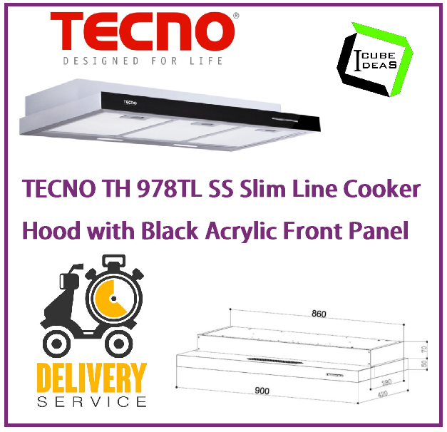 TECNO TH 978TL SS Slim Line Cooker Hood with Black Acrylic Front Panel ...