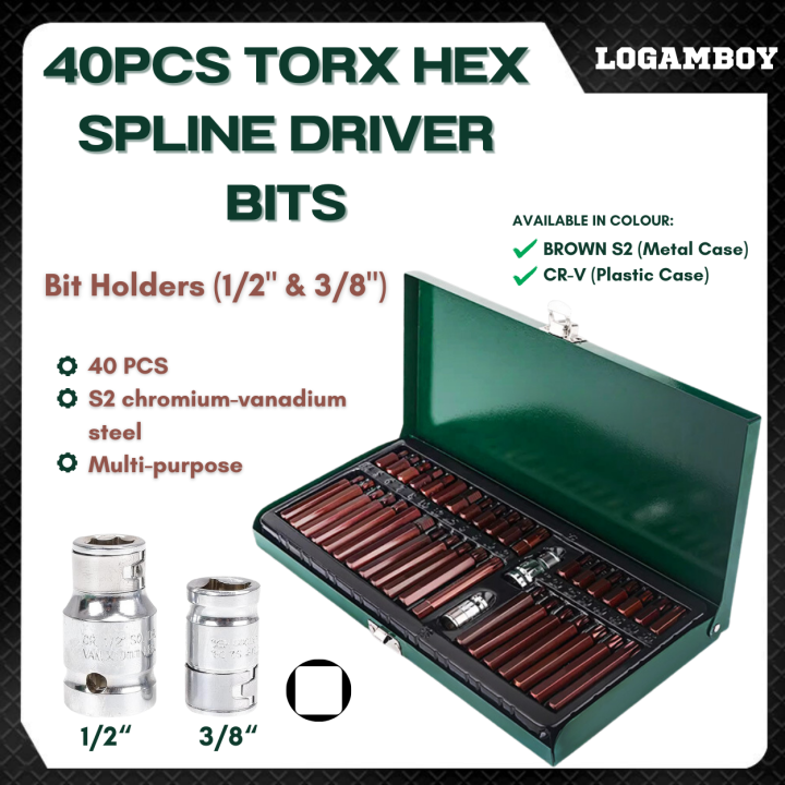40Pcs S2 Torx Hex Star Spline Screwdriver Bit Socket Adapter Set Brown ...