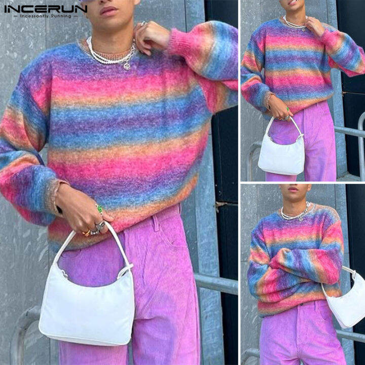 Beehoo เสื้อยืดลายทางสีรุ้งแขนยาวของผู้ชายเสื้อสตรีแบบสวมทับวันหยุดแบบ ...