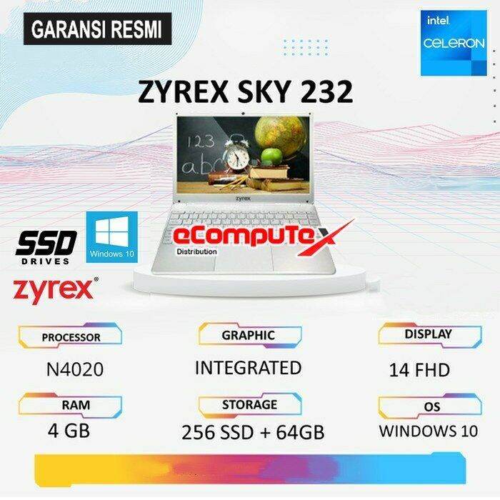 LAPTOP ZYREX SKY 232NG / SKY233 NG NEW GENERATION CELERON N4020 RAM 4GB EMMC 64GB 256SSD WIN 10 ...