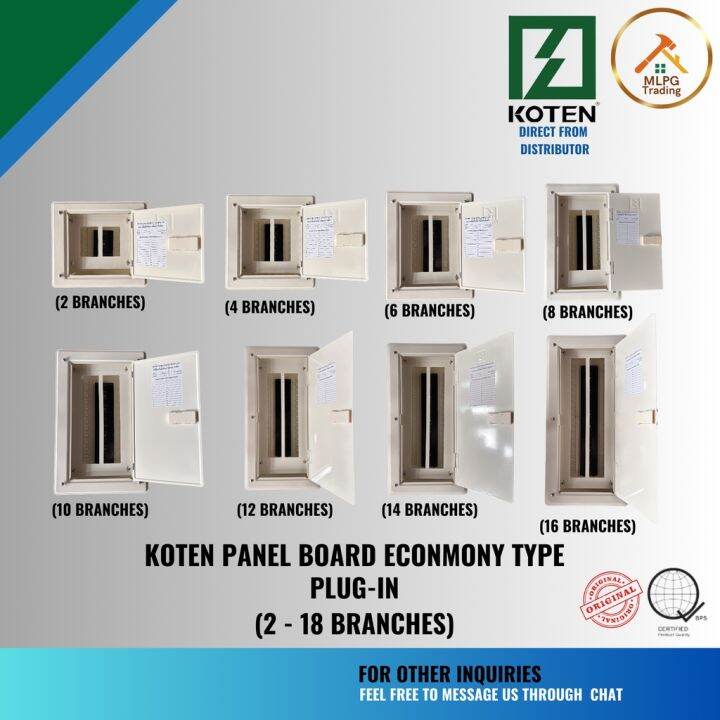 KOTEN Panel Board ECONOMY TYPE for PLUG-IN (2 Pole) (2, 4, 6, 8, 10, 12, 14, 16 Branches ...