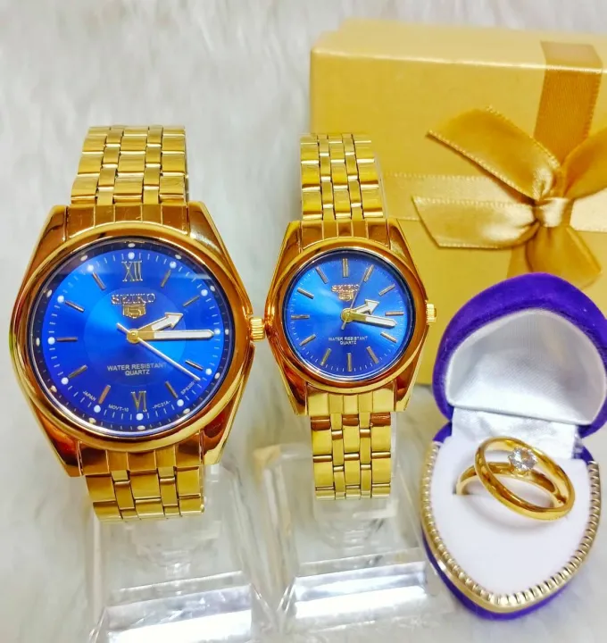 Seiko Blue Dial 4 in 1 Couple Set 18k Gold Plated Battery Operated ...