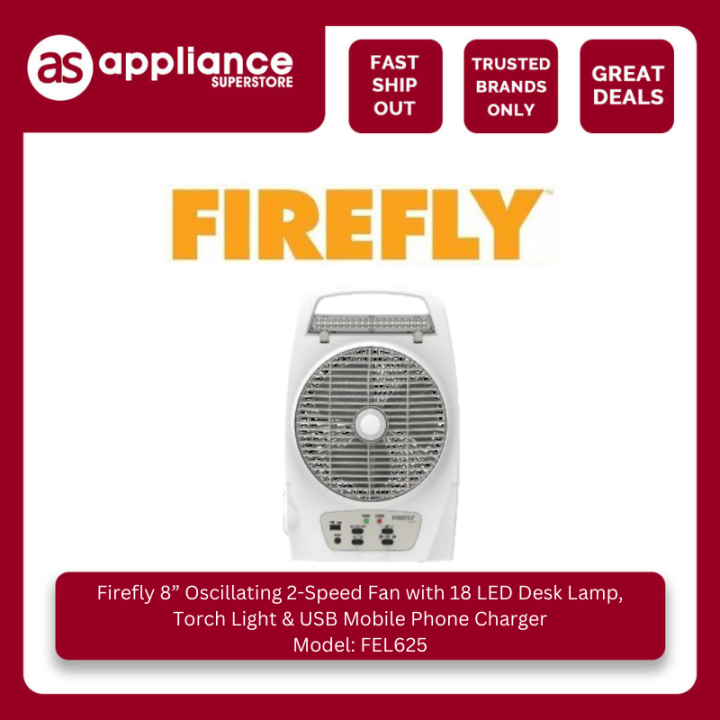 Firefly 8” Oscillating 2-Speed Fan with 18 LED Desk Lamp, Torch Light ...