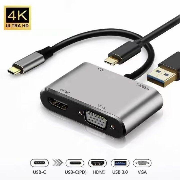 USB-C to HUB PD HDTV+VGA+USB Adapter 4 in1 รองรับ 4K ตัวแปลงคอมกับหน้า ...