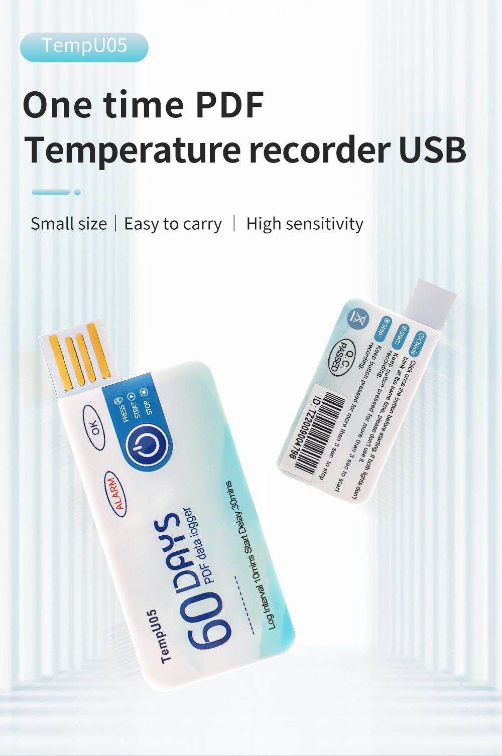 TempU05 Temperature Data Logger 60 Days PDF Report Disposable Single Use USB Temperature ...