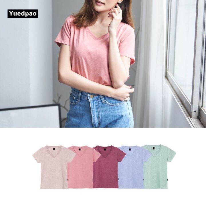 Yuedpao เสื้อยืดผู้หญิงคอวี ทรงเข้ารูป ไม่ย้วย ไม่หด ไม่ต้องรีด ใส่สบาย basic style เสื้อยืดสี ...
