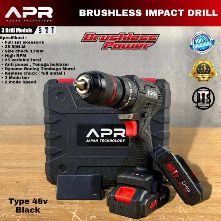 Mesin Bor Cordless APR 48 V Kepala 13 MM New Full Set Impact Drill Baterai Besi Kayu Beton torsi ...