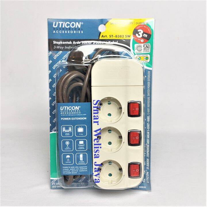 Uticon Stop Kontak OB Kabel 3 Lubang CP+Saklar 3m ST-8382 SW | Lazada ...