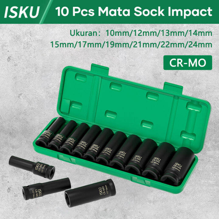 ISKU Kunci Mata Sock Set 10 pcs Cr-Mo Panjang Mata Sock Impact 1/2inch 6pt 10-24mm Kunci Mata ...