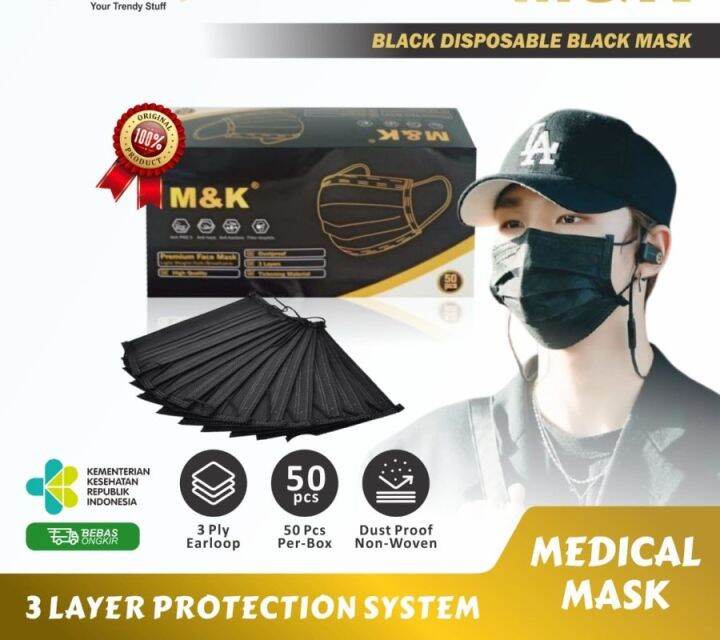 Masker Hitam 3ply Isi 50pcs / Masker Mulut Hitam 3 Lapis / Masker Wajah ...