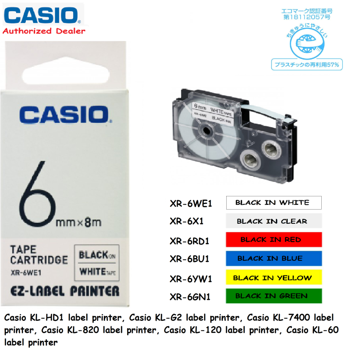 CASIO EZ Label Printer Tape 6MM X 8M XR-6 Label Cartridge, CASIO KL-120 KL-130 KL-820 KL-7400 KL ...