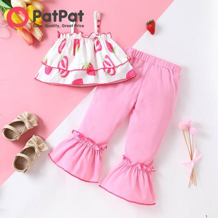 PatPat เซ็ตเสื้อและกางเกงขาบานลายสตรอเบอร์รี่ Balita Perempuan 2ชิ้น | Lazada.co.th