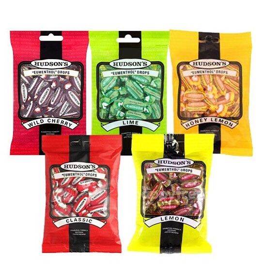 HUDSON'S ''EUMENTHOL''' DROPS HONEY LEMON/WILD CHERRY/CLASSIC/LIME 100G ...