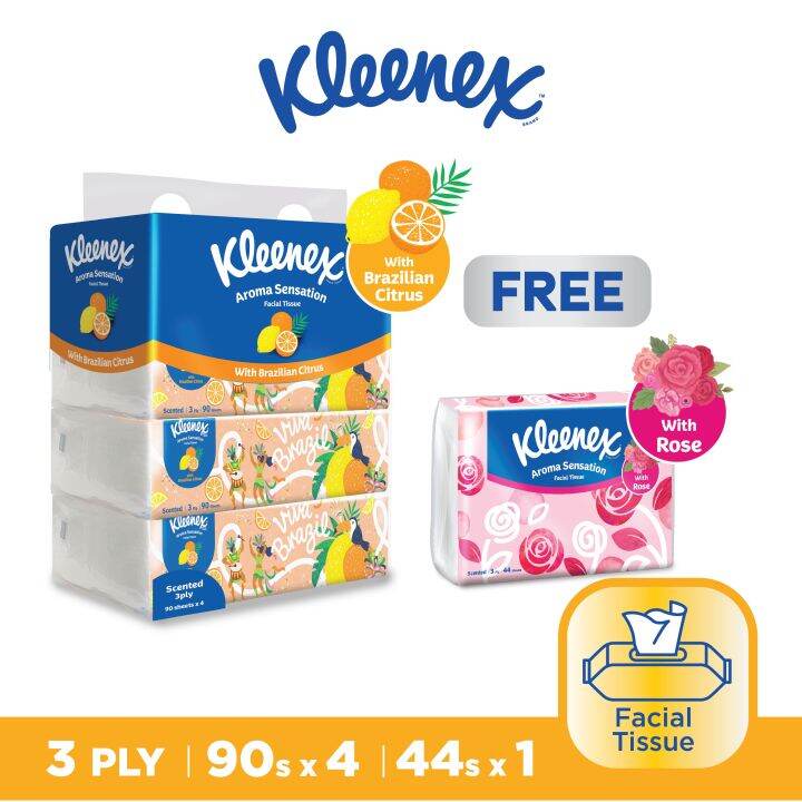 Kleenex Facial Tissue Brazil Citrus 3 Ply 90s [4 Pack] FREE Rose 44s ...