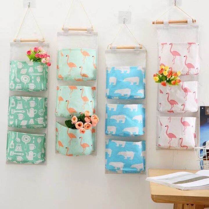 Cotton Linen 3 Pockets Storage Hanging Bag Cartoon Wardrobe Organizer ...