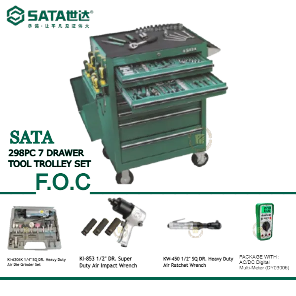 SATA 95107P-15A 298 pc 7 Drawer Tool Trolley Set + Kuani Air Tools Set ...