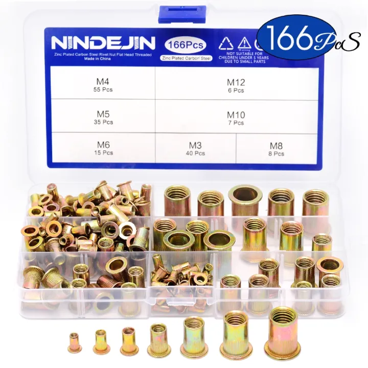 NINDEJIN 166pcs Carbon Steel Rivet Nut M3 M4 M5 M6 M8 M10 M12 Nut Zinc Plated Flat Head Threaded ...