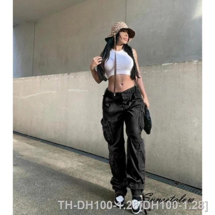 DH100-1.28 S-G/กางเกงขายาวคาร์โก้ เอวสูง แต่งซิป ทรงหลวม สไตล์พังก์ ฮาราจูกุ สําหรับสตรี Y2K ...