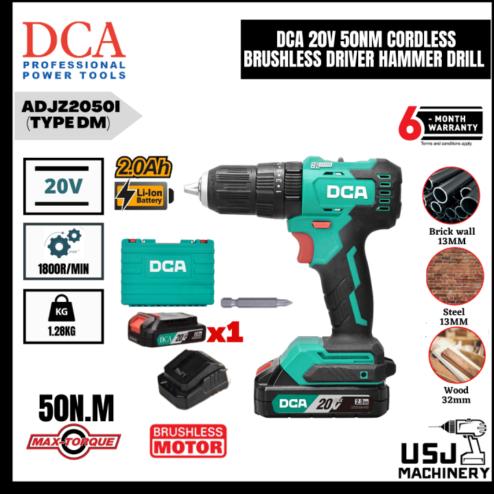 DCA 20V 50NM Cordless Brushless Driver Hammer Drill 1800RPM ADJZ2050I ...