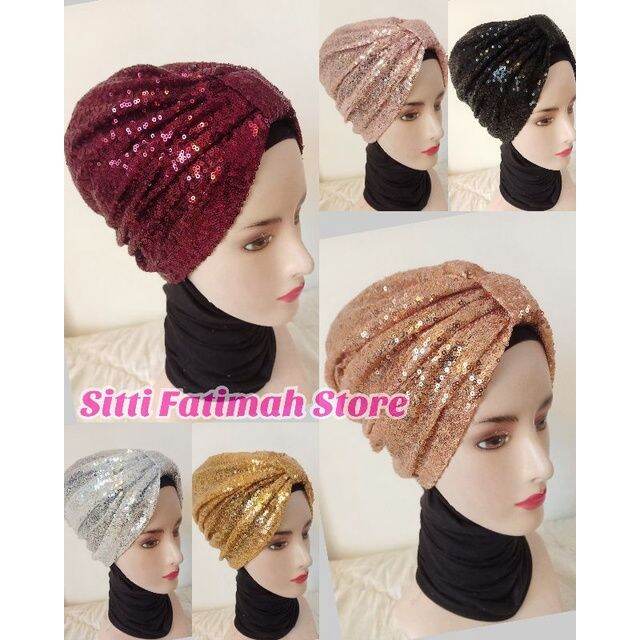 Instant Turban Sequins Shiny Sequin Turban Adult Turban [PROMOSI RAYA ...