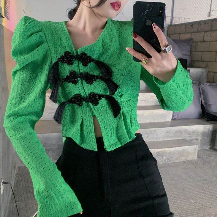 Coconie เสื้อผู้หญิงแขนฟองทรงเข้ารูปดีไซน์ย้อนยุคสไตล์จีนแบบใหม่เสื้อ ...