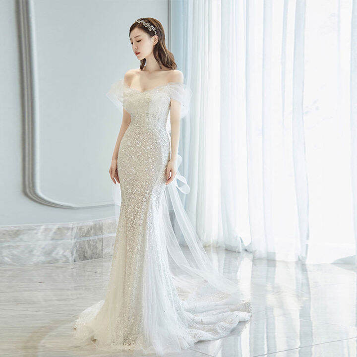 Glary Star Fishtail Light Wedding Dress Bride One-shoulder Trailing Out ...