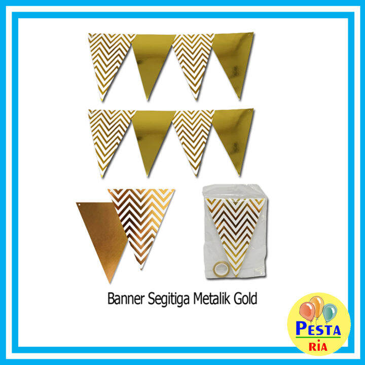Murah!! (1 Set) Banner Segitiga Metalik Gold, Banner Segitiga Zig zag Gold, bunting flag ...