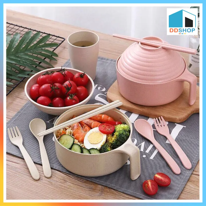 DDSHOP ชุดชามบะหมี่กึ่งสำเร็จรูป ชุดถ้วยชามฟางข้าวสาลี พร้อมฝาปิด ตะเกียบ ช้อน ส้อม ในเซทมี ...