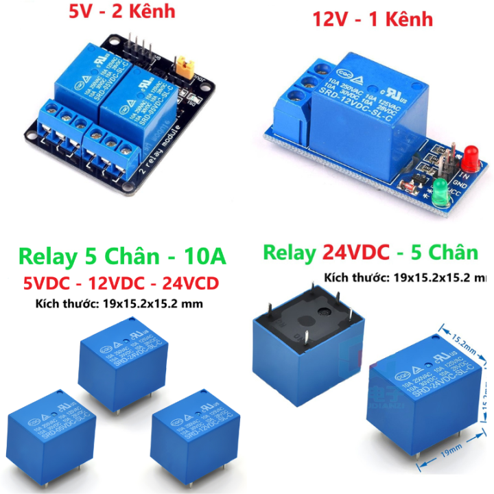 Module Relay 5V 12V 24V DC 1 Kênh, 2 Kênh, 5 Chân 10A Có Cách Ly, rơ le ...