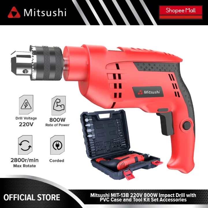 Mitsushi MIT-13B 220V 800W Impact Drill with PVC Case and Tool Kit Set Accessories | Lazada PH